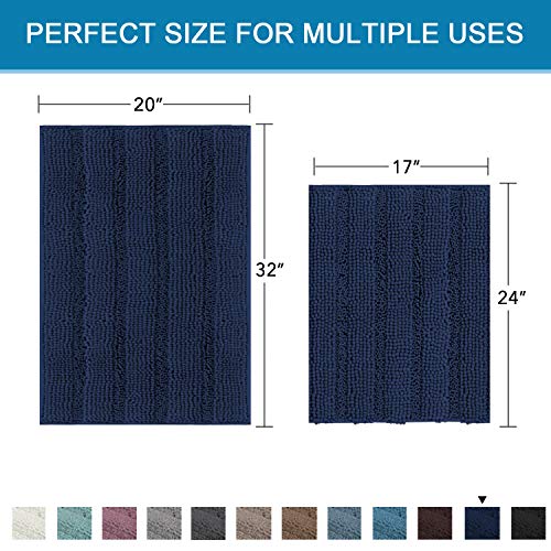 2 Piece Bathroom Set Bathroom Rugs Slip-Resistant Extra Absorbent Soft and Fluffy Striped Bath Mat Set Chenille Bath Rugs, Floor Mats Dry Fast Machine Washable (Navy Blue, 20" x 32"/17" x 24")