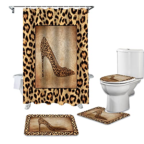 4 Pcs Shower Curtain Sets Brown Wild Leopard Print High Heel Waterproof Fabic Bathroom Set with Non-Slip Rugs Toilet Lid Cover Bath Mat, Sexy Women Shower Curtain with Hooks -66x72 inch, Large