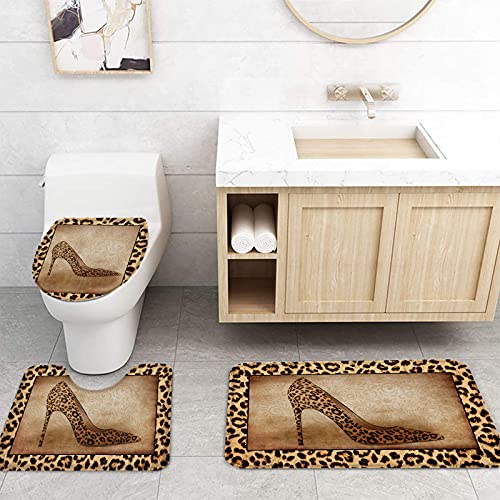 4 Pcs Shower Curtain Sets Brown Wild Leopard Print High Heel Waterproof Fabic Bathroom Set with Non-Slip Rugs Toilet Lid Cover Bath Mat, Sexy Women Shower Curtain with Hooks -66x72 inch, Large