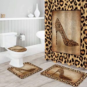 4 Pcs Shower Curtain Sets Brown Wild Leopard Print High Heel Waterproof Fabic Bathroom Set with Non-Slip Rugs Toilet Lid Cover Bath Mat, Sexy Women Shower Curtain with Hooks -66x72 inch, Large