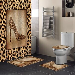 4 Pcs Shower Curtain Sets Brown Wild Leopard Print High Heel Waterproof Fabic Bathroom Set with Non-Slip Rugs Toilet Lid Cover Bath Mat, Sexy Women Shower Curtain with Hooks -66x72 inch, Large