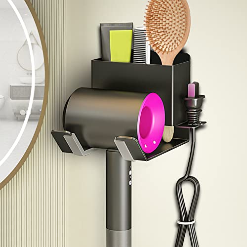 UEMUSI Hair Dryer Holder Wall Mounted,Self Adhesive Hair Tool Organizer Storage Blow Dryer Holder Rack for Hair Dryer Stand with Plug Hook,Hair Styling Care Tool Organizer for Bathroom Black