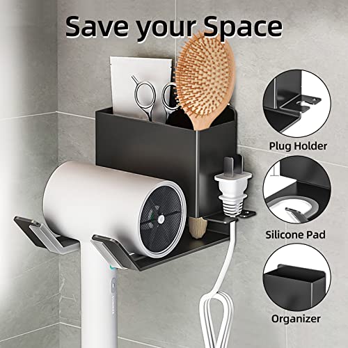 UEMUSI Hair Dryer Holder Wall Mounted,Self Adhesive Hair Tool Organizer Storage Blow Dryer Holder Rack for Hair Dryer Stand with Plug Hook,Hair Styling Care Tool Organizer for Bathroom Black