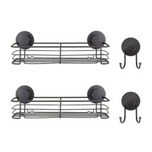 js jackson supplies set of matte black suction cup rectangular shower shelves, (2) caddies and (2) suction cup shower hooks