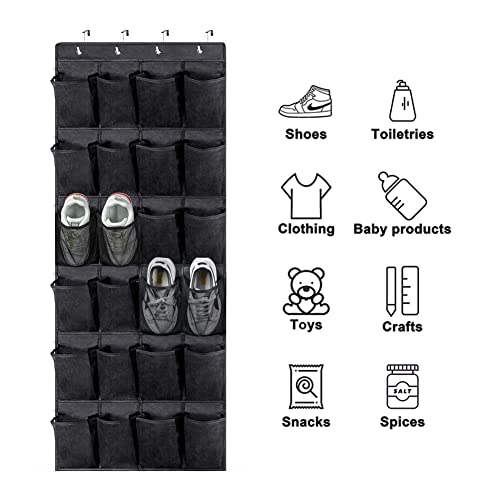 kamuavni Over The Door Shoe Organizer, Hanging Shoe Organizer with 24 Mesh Large Pockets Door Shoe Rack Organizer for Men Women Kids Hanging Shoe Storage Bag (Black)