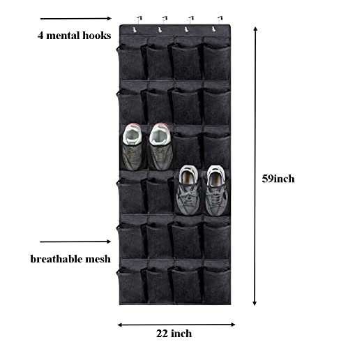 kamuavni Over The Door Shoe Organizer, Hanging Shoe Organizer with 24 Mesh Large Pockets Door Shoe Rack Organizer for Men Women Kids Hanging Shoe Storage Bag (Black)