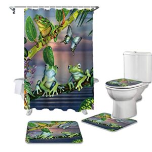 AKvsoze 4 Pcs Bathroom Shower Curtain Sets with Non-Slip Rugs, Toilet Lid Cover and Bath Mat Cartton Frog and Butterfly Waterproof Bath Curtain with Rustproof Hooks