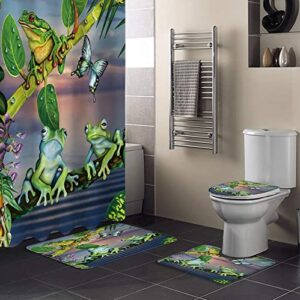 AKvsoze 4 Pcs Bathroom Shower Curtain Sets with Non-Slip Rugs, Toilet Lid Cover and Bath Mat Cartton Frog and Butterfly Waterproof Bath Curtain with Rustproof Hooks