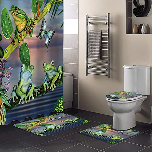 AKvsoze 4 Pcs Bathroom Shower Curtain Sets with Non-Slip Rugs, Toilet Lid Cover and Bath Mat Cartton Frog and Butterfly Waterproof Bath Curtain with Rustproof Hooks