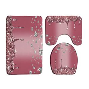 DSMEUE Glitter Diamond 4 Piece Shower Curtain Sets with Rugs，Pink Silver Shiny Drips Falling Bling Women Girl (No Glitter) 70" x 70" Bathroom Curtain and 17.8"x29.5" Bath Mat,Toilet Cover, U-Shaped