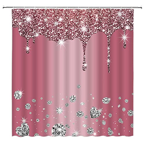 DSMEUE Glitter Diamond 4 Piece Shower Curtain Sets with Rugs，Pink Silver Shiny Drips Falling Bling Women Girl (No Glitter) 70" x 70" Bathroom Curtain and 17.8"x29.5" Bath Mat,Toilet Cover, U-Shaped