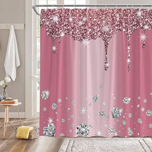 DSMEUE Glitter Diamond 4 Piece Shower Curtain Sets with Rugs，Pink Silver Shiny Drips Falling Bling Women Girl (No Glitter) 70" x 70" Bathroom Curtain and 17.8"x29.5" Bath Mat,Toilet Cover, U-Shaped