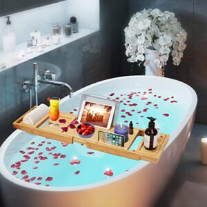 Olebes Bamboo Bathtub Caddy Tray, Expandable Wood Bath Tray Organizer with Book and Wine Glass Holder & Cell Phone Slot for Spa, Bathroom & Shower