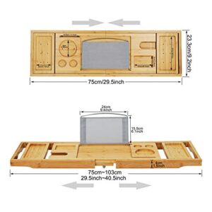 Olebes Bamboo Bathtub Caddy Tray, Expandable Wood Bath Tray Organizer with Book and Wine Glass Holder & Cell Phone Slot for Spa, Bathroom & Shower