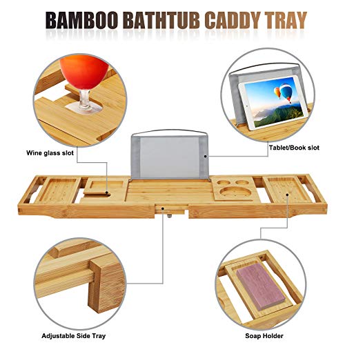 Olebes Bamboo Bathtub Caddy Tray, Expandable Wood Bath Tray Organizer with Book and Wine Glass Holder & Cell Phone Slot for Spa, Bathroom & Shower