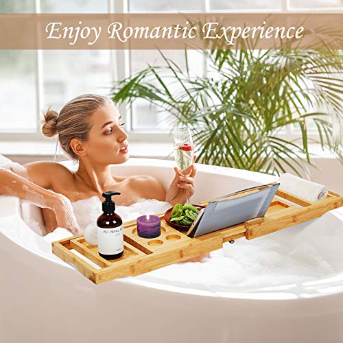 Olebes Bamboo Bathtub Caddy Tray, Expandable Wood Bath Tray Organizer with Book and Wine Glass Holder & Cell Phone Slot for Spa, Bathroom & Shower