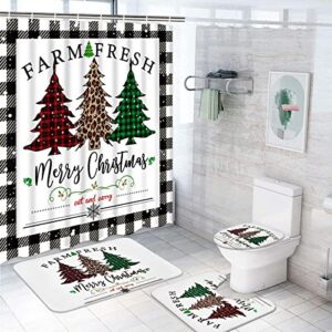 likiyol 4 pcs merry christmas shower curtain sets with non-slip rugs, toilet lid cover and bath mat, buffalo plaid shower curtain with 12 hooks, winter holiday tree shower curtain