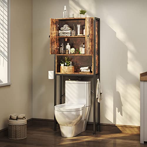 TC-HOMENY Over The Toilet Storage Rack with Cabinet, Multi-Tier Bathroom Space Saver with Adjustable Shelf, Bathroom Organizer Shelf Over The Toilet Storage Cabinet, Rustic Brown