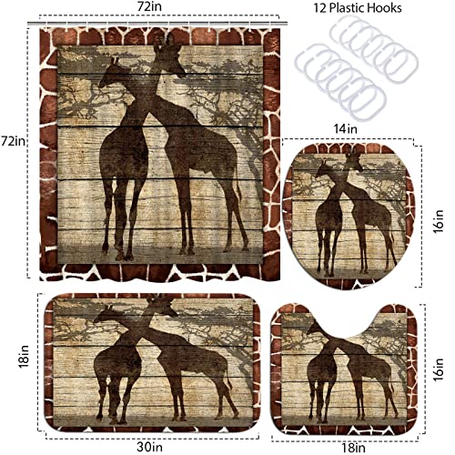 SiMiWOW 4 Pieces African Animals Giraffe in Forest Shower Curtain Set with Bath Mat Bath Rugs Bathroom Decoration