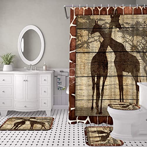 SiMiWOW 4 Pieces African Animals Giraffe in Forest Shower Curtain Set with Bath Mat Bath Rugs Bathroom Decoration