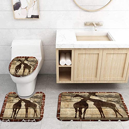 SiMiWOW 4 Pieces African Animals Giraffe in Forest Shower Curtain Set with Bath Mat Bath Rugs Bathroom Decoration