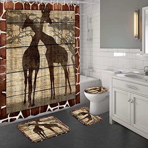 SiMiWOW 4 Pieces African Animals Giraffe in Forest Shower Curtain Set with Bath Mat Bath Rugs Bathroom Decoration