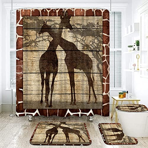 SiMiWOW 4 Pieces African Animals Giraffe in Forest Shower Curtain Set with Bath Mat Bath Rugs Bathroom Decoration