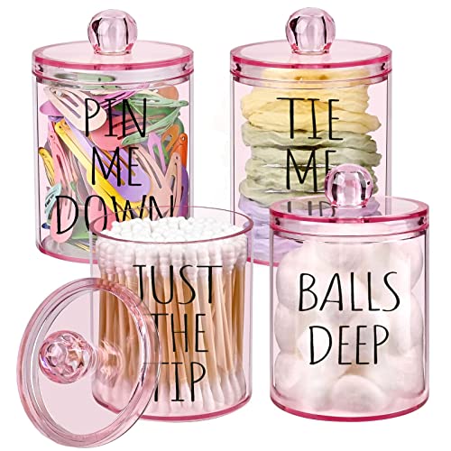 TUZAZO 4 Pack Qtip Holder Apothecary Jars with Lids, 10 oz Bathroom Organizer Storage Canister Set for Cotton Ball Holder, Cotton Swabs, Cotton Round Pads, Floss, Hair Ties and Hair Pins, Bathroom Decor Containers (Clear Pink)