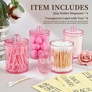 TUZAZO 4 Pack Qtip Holder Apothecary Jars with Lids, 10 oz Bathroom Organizer Storage Canister Set for Cotton Ball Holder, Cotton Swabs, Cotton Round Pads, Floss, Hair Ties and Hair Pins, Bathroom Decor Containers (Clear Pink)