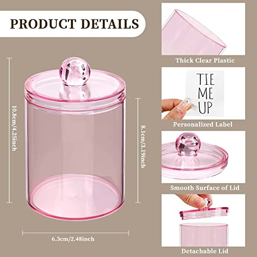 TUZAZO 4 Pack Qtip Holder Apothecary Jars with Lids, 10 oz Bathroom Organizer Storage Canister Set for Cotton Ball Holder, Cotton Swabs, Cotton Round Pads, Floss, Hair Ties and Hair Pins, Bathroom Decor Containers (Clear Pink)