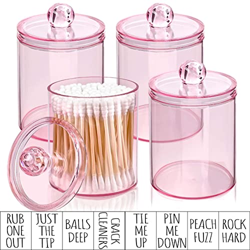 TUZAZO 4 Pack Qtip Holder Apothecary Jars with Lids, 10 oz Bathroom Organizer Storage Canister Set for Cotton Ball Holder, Cotton Swabs, Cotton Round Pads, Floss, Hair Ties and Hair Pins, Bathroom Decor Containers (Clear Pink)