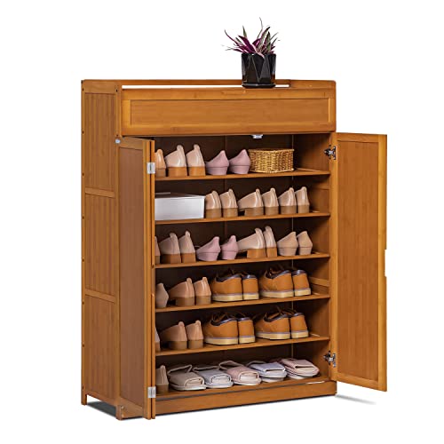 MoNiBloom Bamboo 7-Tier Shoe Organizer Cabinet with Folding Door Pull-Down Compartment Heels Boots, Hallway Entryway, Brown