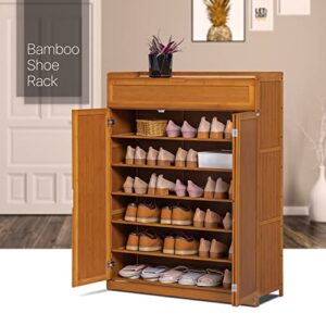 MoNiBloom Bamboo 7-Tier Shoe Organizer Cabinet with Folding Door Pull-Down Compartment Heels Boots, Hallway Entryway, Brown