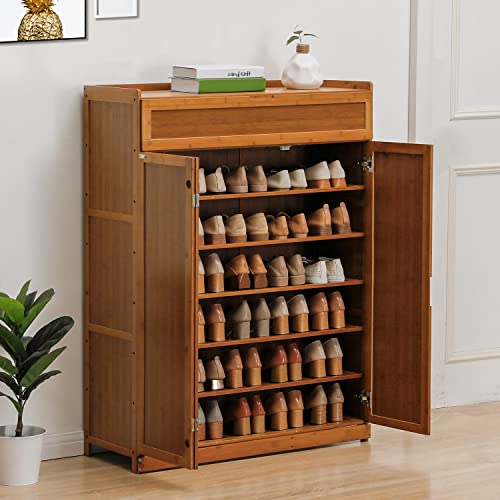 MoNiBloom Bamboo 7-Tier Shoe Organizer Cabinet with Folding Door Pull-Down Compartment Heels Boots, Hallway Entryway, Brown