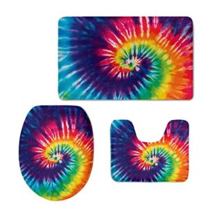 pzz beach abstract rainbow colorful purple tie dye pattern, 3 pcs bathroom rugs set, absorbent non slip bath rugs+ contour mat+ lid cover