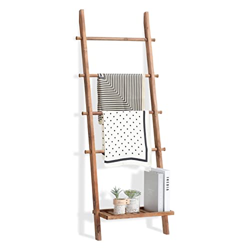 FUIN 5ft Wood Blanket Ladder with Bottom Shelf Decorative Wall Leaning Towel Rack Bathroom Storage Quilt Display Holder Rustic Farmhouse, Light Brown