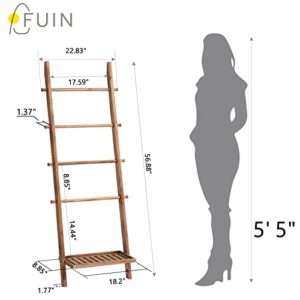 FUIN 5ft Wood Blanket Ladder with Bottom Shelf Decorative Wall Leaning Towel Rack Bathroom Storage Quilt Display Holder Rustic Farmhouse, Light Brown