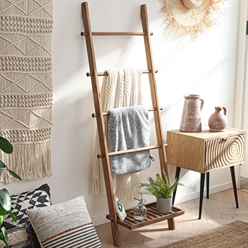 FUIN 5ft Wood Blanket Ladder with Bottom Shelf Decorative Wall Leaning Towel Rack Bathroom Storage Quilt Display Holder Rustic Farmhouse, Light Brown