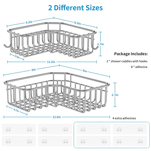 Corner Shower Caddy, Shower Organizer Corner Shower Shelf with 8 Adhesive & Hooks, 2-Pack 304 Stainless Steel Shower Caddy Corner, Bathroom Shower Organizer, Shower Storage