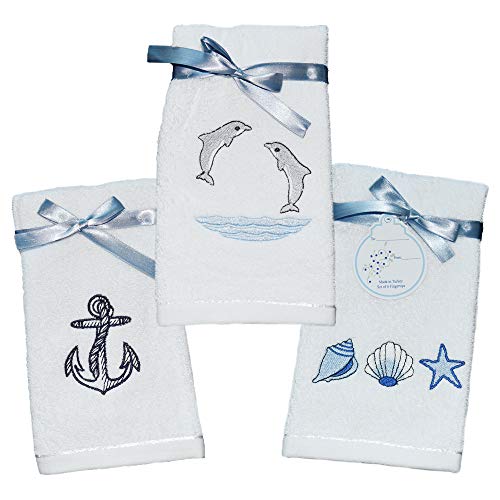 Classic Turkish Towels - Luxury Ocean Themed Fingertip Towels, 100% Turkish Cotton, Soft and Absorbent Bathroom Towels, Beach and Nautical Decor, 6-Piece Set - 12 x 20 Inches (Dolphins)