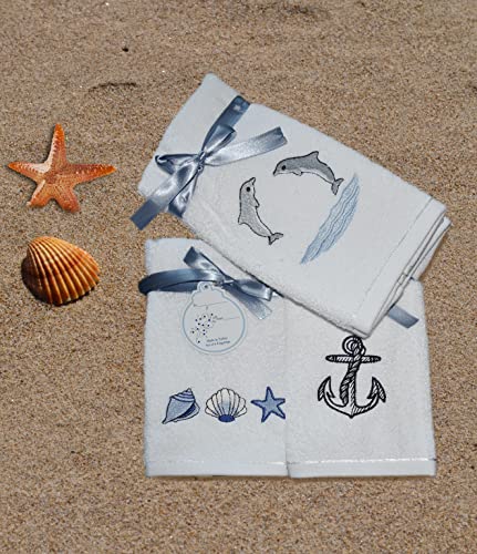 Classic Turkish Towels - Luxury Ocean Themed Fingertip Towels, 100% Turkish Cotton, Soft and Absorbent Bathroom Towels, Beach and Nautical Decor, 6-Piece Set - 12 x 20 Inches (Dolphins)