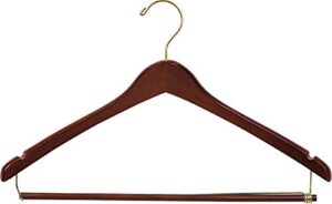 the great american hanger company curved wood suit hanger w/locking bar, box of 100 17 inch hangers w/walnut finish & brass swivel hook & notches for shirt dress or pants