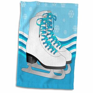 3D Rose Pair of Blue Ice Skates On Snowflake Background Hand/Sports Towel, 15 x 22