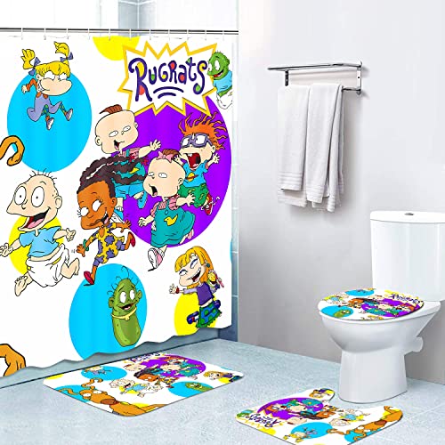 4 Piece Anime Shower Curtain Sets with Non-Slip Rug,Toilet Lid Cover and Absorbent Carpet Bath Mat,Durable Waterproof Fabric Shower Curtain with 12 Hooks for Bathroom 70.8" 70.8" (A4, Small)