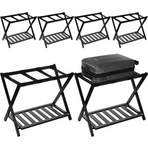 6 pcs folding luggage racks with storage shelf foldable suitcase racks bamboo luggage rack suitcase stand with nylon straps strong bearing capacity luggage holder for bedroom guest room hotel, black