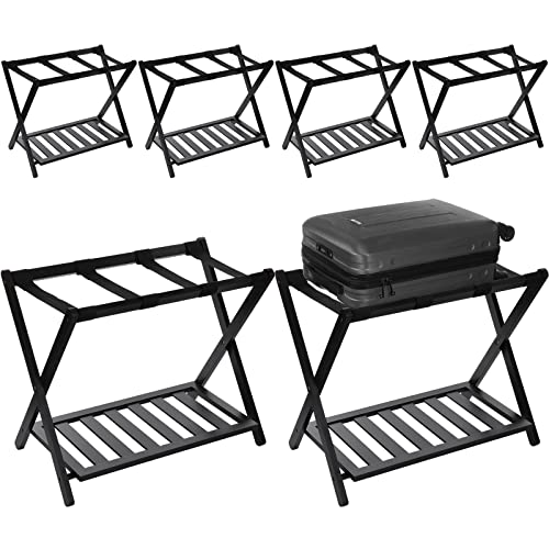 6 Pcs Folding Luggage Racks with Storage Shelf Foldable Suitcase Racks Bamboo Luggage Rack Suitcase Stand with Nylon Straps Strong Bearing Capacity Luggage Holder for Bedroom Guest Room Hotel, Black