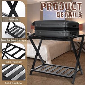 6 Pcs Folding Luggage Racks with Storage Shelf Foldable Suitcase Racks Bamboo Luggage Rack Suitcase Stand with Nylon Straps Strong Bearing Capacity Luggage Holder for Bedroom Guest Room Hotel, Black