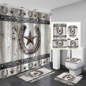 dia magico 4pcs western shower curtain set, brown texas star horseshoe white barn door barn star country rustic farmhouse bathroom decor, waterproof fabric shower curtain, non-slip bath mat toilet rug