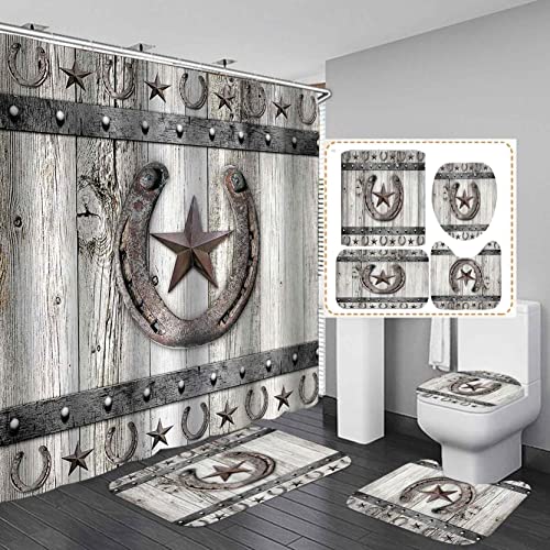 Dia Magico 4PCS Western Shower Curtain Set, Brown Texas Star Horseshoe White Barn Door Barn Star Country Rustic Farmhouse Bathroom Decor, Waterproof Fabric Shower Curtain, Non-slip Bath Mat Toilet Rug