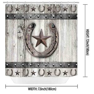 Dia Magico 4PCS Western Shower Curtain Set, Brown Texas Star Horseshoe White Barn Door Barn Star Country Rustic Farmhouse Bathroom Decor, Waterproof Fabric Shower Curtain, Non-slip Bath Mat Toilet Rug